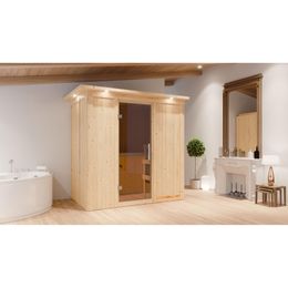 Karibu Elementsauna 'Aina' naturbelassen mit Kranz und graphitfarbener T&uuml;r 9 kW Bio-Ofen externe Steuerung Easy 210 x 132 x 202 cm