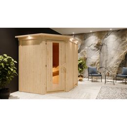 Karibu Elementsauna 'Alena' naturbelassen mit Kranz und Energiespart&uuml;r 9 kW Ofen integrierte Steuerung 210 x 184 x 202 cm
