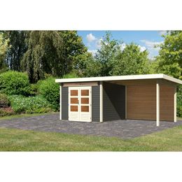 Karibu Gartenhaus-Set 'Landern 6' terragrau mit Anbaudach und R&uuml;ckwand 612 x 222 x 303 cm