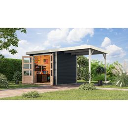 Karibu Gartenhaus-Set 'Komet 3 C' Fichtenholz anthrazit / wei&szlig; mit Anbaudach 2,35 m breit 454,5 x 209 x 213,5 cm