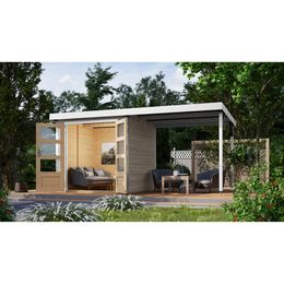 Karibu Metall-Holzgartenhaus 'Komet D' wassergrau/wei&szlig;, Anbaudach, Doppelfl&uuml;gelt&uuml;r 453 x 235 x 208,5 cm