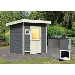 Karibu Saunahaus 'Torge' terragrau mit klassischer T&uuml;r 9 kW Bio-Ofen externe Steuerung Easy 196 x 196 x 228 cm