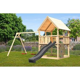 Karibu Spielturm 'Ida' naturbelassen mit Doppelschaukel, Rutsche anthrazit 440 x 394 x 345 cm
