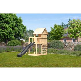 Karibu Kinderspielhaus 'Frieda' Fichtenholz naturbelassen mit Rutsche anthrazit, Kletterwand 107 x 291 x 107 cm