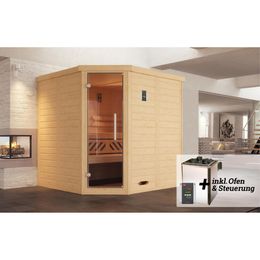 Weka Massivholz-Elementsauna 'Kemi 2 Eck' mit 7,5 kW OS-Ofenset, Steuerung, Glast&uuml;r 188 x 188 x 200 cm