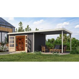 Karibu Gartenhaus-Set 'Meteor 7 B' Fichtenholz terragrau / wei&szlig; mit Anbaudach ca. 3 m breit 663,5 x 219 x 240,5 cm