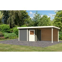 Karibu Gartenhaus-Set 'Lindow 3' terragrau mit Anbaudach und R&uuml;ckwand 612 x 222 x 303 cm