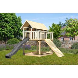 Karibu Stelzenhaus 'Karlie' terragrau mit Rutsche anthrazit, Holzrampe 198 x 485 x 329,5 cm