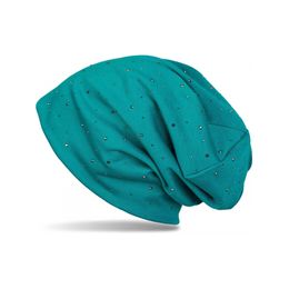 styleBREAKER M&uuml;tze 'Beanie mit Strass Nieten Applikation' Damen Gr&ouml;&szlig;e 54/64 petrol