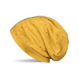 styleBREAKER M&uuml;tze 'Beanie mit Strass Nieten Applikation' Damen Gr&ouml;&szlig;e 54/64 curry