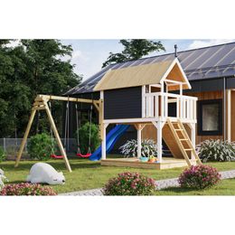 Karibu Stelzenhaus 'Karlie' terragrau mit Doppelschaukel, Rutsche blau 438 x 485 x 329,5 cm