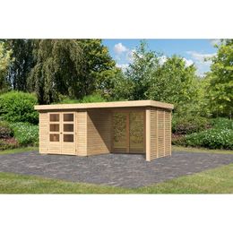 Karibu Gartenhaus-Set 'Raskola 3' naturbelassen mit Anbaudach und Feuerholzoption 528,5 x 211 x 238 cm