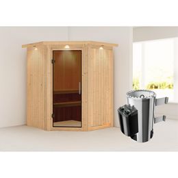Karibu Elementsauna 'Valeria' naturbelassen mit Kranz und graphitfarbener T&uuml;r 3,6 kW Ofen integrierte Steuerung 165 x 165 x 202 cm