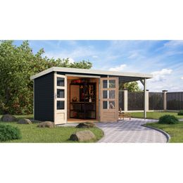 Karibu Gartenhaus-Set 'Komet 3,5 C' Fichtenholz anthrazit / wei&szlig; mit Anbaudach 2,35 m breit 454,5 x 209 x 242,5 cm