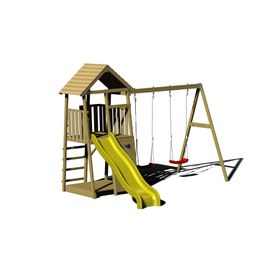 WENDI TOYS Holz-Spielturm 'Pinguin' natur Rutsche, Kletterwand, 2 Schaukeln und Sandkasten 280 x 340 x 270 cm
