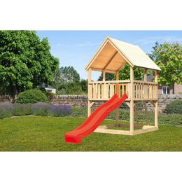 Karibu Spielturm 'Ida' naturbelassen mit Rutsche rot 200 x 394 x 345 cm