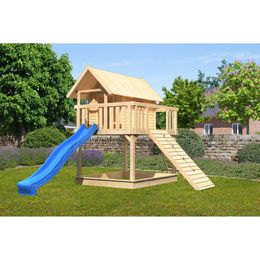 Karibu Stelzenhaus 'Karlie' naturbelassen mit Rutsche blau, Holzrampe 198 x 485 x 329,5 cm