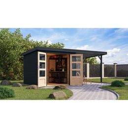 Karibu Gartenhaus-Set 'Komet 3,5 C' Fichtenholz anthrazit / anthrazit mit Anbaudach 2,35 m breit 454,5 x 209 x 242,5 cm
