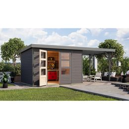 Karibu Gartenhaus-Set 'Komet 5 B' Fichtenholz terragrau / graualuminium mit Anbaudach 2,35 m breit 514,5 x 209 x 242,5 cm