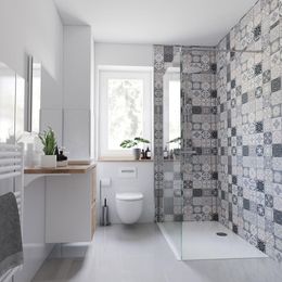 Breuer Duschr&uuml;ckwand Fliesenoptik mediterranes Design grau/wei&szlig;/beige 150 x 255 cm