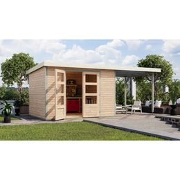 Karibu Gartenhaus-Set 'Komet 5 A' Fichtenholz naturbelassen / wei&szlig; mit Anbaudach 2,35 m breit 514,5 x 209 x 242,5 cm
