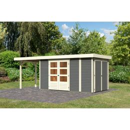 Karibu Gartenhaus-Set 'Betola 5' terragrau mit Anbauschrank und Anbaudach 330 x 211 x 238 cm