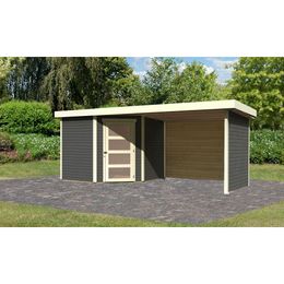 Karibu Gartenhaus-Set 'Kr&auml;hendorf 5' terragrau mit Anbaudach, Seiten- und R&uuml;ckwand 529,5 x 218 x 262 cm