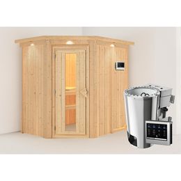 Karibu Elementsauna 'Carlota' naturbelassen mit Kranz und Energiespart&uuml;r 3,6 kW Bio-Ofen externe Steuerung Easy 165 x 210 x 202 cm