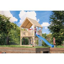 Karibu Spielturm 'Ida' naturbelassen mit Doppelschaukel, Rutsche blau 440 x 394 x 345 cm