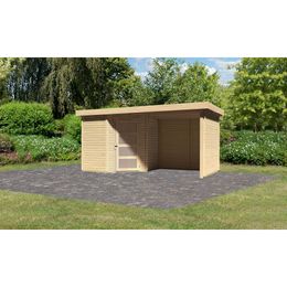 Karibu Gartenhaus-Set 'Kr&auml;hendorf 3' naturbelassen mit Anbaudach, Seiten- und R&uuml;ckwand 467 x 218 x 238 cm
