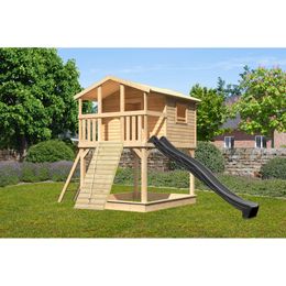 Karibu Stelzenhaus 'Ciana' naturbelassen mit Holzrampe, Rutsche anthrazit 440 x 244 x 309 cm