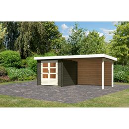 Karibu Gartenhaus-Set 'Kastrup 2' terragrau mit Anbaudach und R&uuml;ckwand 255 x 217 x 273 cm