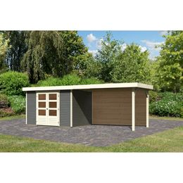 Karibu Gartenhaus-Set 'Raskola 4' terragrau mit Anbaudach und R&uuml;ckwand 591,5 x 211 x 238 cm