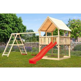 Karibu Spielturm 'Ida' naturbelassen mit Doppelschaukel, Rutsche rot 508 x 394 x 345 cm