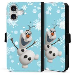 DeinDesign iPhone 16 Plus Handy Klapph&uuml;lle Handyh&uuml;lle aus Kunst Leder schwarz Flip Case Frozen Olaf Disney Official Licensed Product Sideflip mit Lasche
