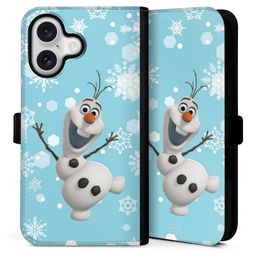 DeinDesign iPhone 16 Handy Klapph&uuml;lle Handyh&uuml;lle aus Kunst Leder schwarz Flip Case Frozen Olaf Disney Official Licensed Product Sideflip mit Lasche