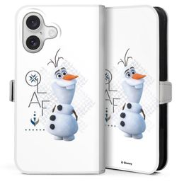 DeinDesign iPhone 16 Handy Klapph&uuml;lle Handyh&uuml;lle aus Kunst Leder wei&szlig; Flip Case Frozen Olaf Disney Frozen 2 Sideflip mit Lasche