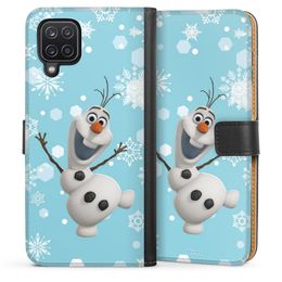 Galaxy A12 Handy Klapph&uuml;lle Handyh&uuml;lle aus Kunst Leder schwarz Flip Case Frozen Olaf Disney Official Licensed Product Sideflip mit langer Lasche