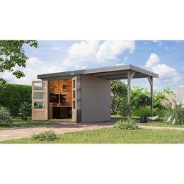 Karibu Gartenhaus-Set 'Komet 3 D' Fichtenholz wassergrau / graualuminium mit Anbaudach 2,35 m breit 454,5 x 209 x 213,5 cm