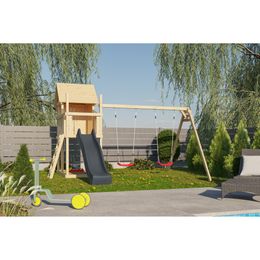Karibu Kinderspielhaus 'Frieda' Fichtenholz naturbelassen mit Rutsche anthrazit, Doppelschaukel 107 x 291 x 107 cm