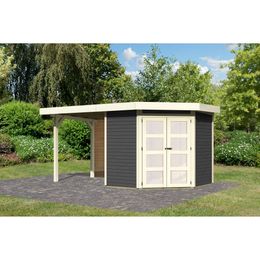 Karibu Gartenhaus-Set 'Seifersdorf 3' terragrau mit Anbaudach und R&uuml;ckwand 467 x 218 x 238 cm