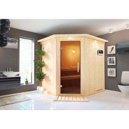 Karibu Elementsauna 'Alena'naturbelassen mit Kranz und graphitfarbenerr T&uuml;r 9 kW Bio-Ofen externe Steuerung Easy 210 x 184 x 202 cm