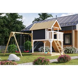 Karibu Stelzenhaus 'Karlie' terragrau mit Doppelschaukel, Rutsche anthrazit 438 x 485 x 329,5 cm