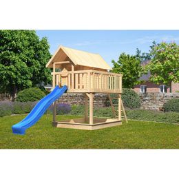 Karibu Stelzenhaus 'Karlie' naturbelassen mit Rutsche blau 198 x 485 x 329,5 cm