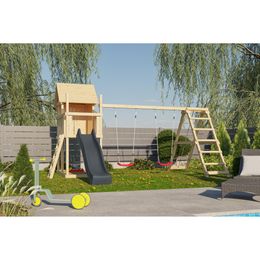 Karibu Kinderspielhaus 'Frieda' Fichtenholz naturbelassen mit Rutsche anthrazit, Ger&uuml;st, Doppelschaukel 107 x 291 x 107 cm