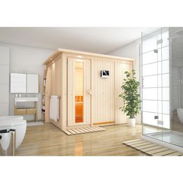 Karibu Elementsauna 'Alisa' naturbelassen mit Kranz und Energiespart&uuml;r 9 kW Bio-Ofen externe Steuerung Easy 245 x 210 x 202 cm