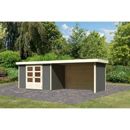 Karibu Gartenhaus-Set 'Raskola 4' terragrau mit Anbaudach, Seiten- und R&uuml;ckwand 591,5 x 211 x 238 cm