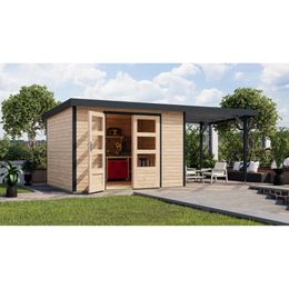 Karibu Gartenhaus-Set 'Komet 5 A' Fichtenholz naturbelassen / anthrazit mit Anbaudach 2,35 m breit 514,5 x 209 x 242,5 cm