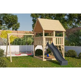 Karibu Spielturm 'Ida' naturbelassen mit Rutsche anthrazit, Doppelschaukel 440 x 394 x 345 cm
