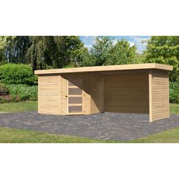 Karibu Gartenhaus-Set 'Kr&auml;hendorf 5' naturbelassen mit Anbaudach, Seiten- und R&uuml;ckwand 529,5 x 218 x 262 cm